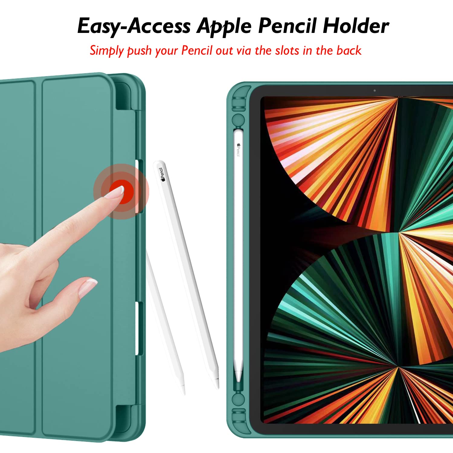 iMieet New iPad Pro 12.9 Case 2022(6th Gen)/2021(5th Gen) with Pencil Holder [Support iPad 2nd Pencil Charging/Pair],Trifold Stand Smart Case with Soft TPU Back,Auto Wake/Sleep(Forest Green)