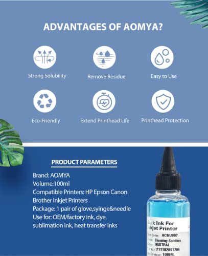 Aomya Printer Cleaning Kit Printhead Cleaning Kit for Inkjet Printers HP/Brother/Epsn/Canon Liquid Printers Nozzle with Syringe&Glove(100ml