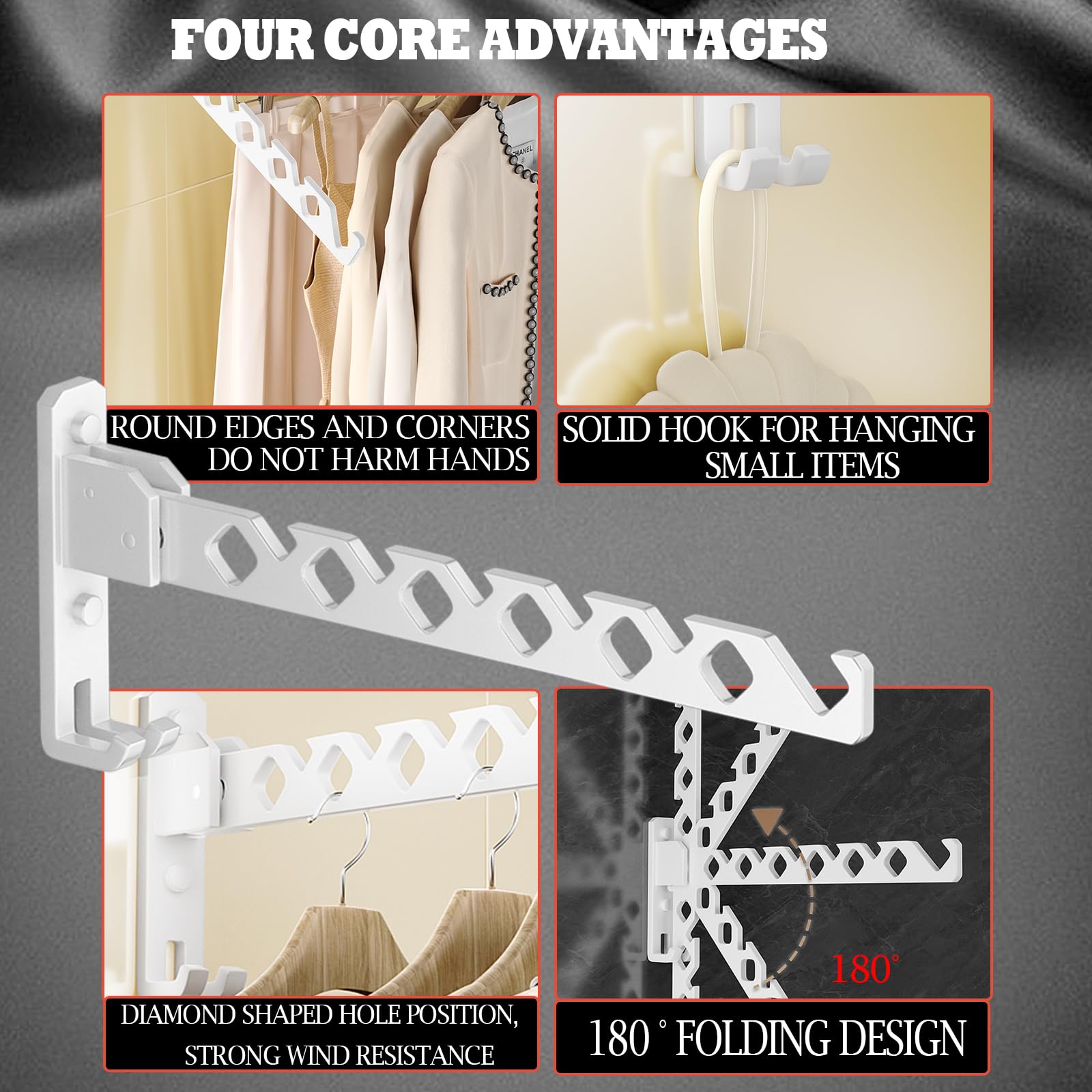 Dr.DJ Wall Mount Coat Hanger Holder White Clothes Drying Organizer Rack Garment Hooks Aluminium Retractable Folding Indoor Wall Mounted Hanger Space Saver for Laundry Room Bedroom White 2Pack
