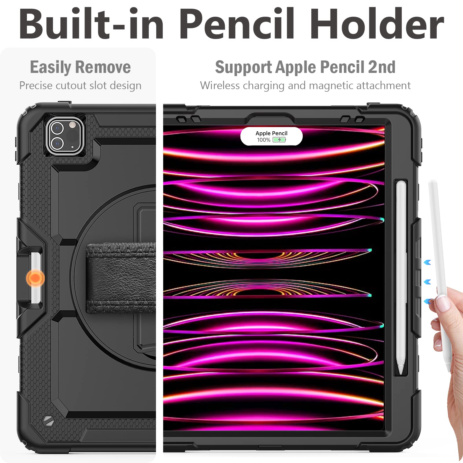 CASZONE Case for iPad Pro 12.9 Case 2022/2021/2020,iPad Pro 12.9 6th/5th/4th Generation Case with Pencil Holder Charger,360ｰRotating Stand,Screen Protector,Hand/Shoulder Strap,Heavy Duty