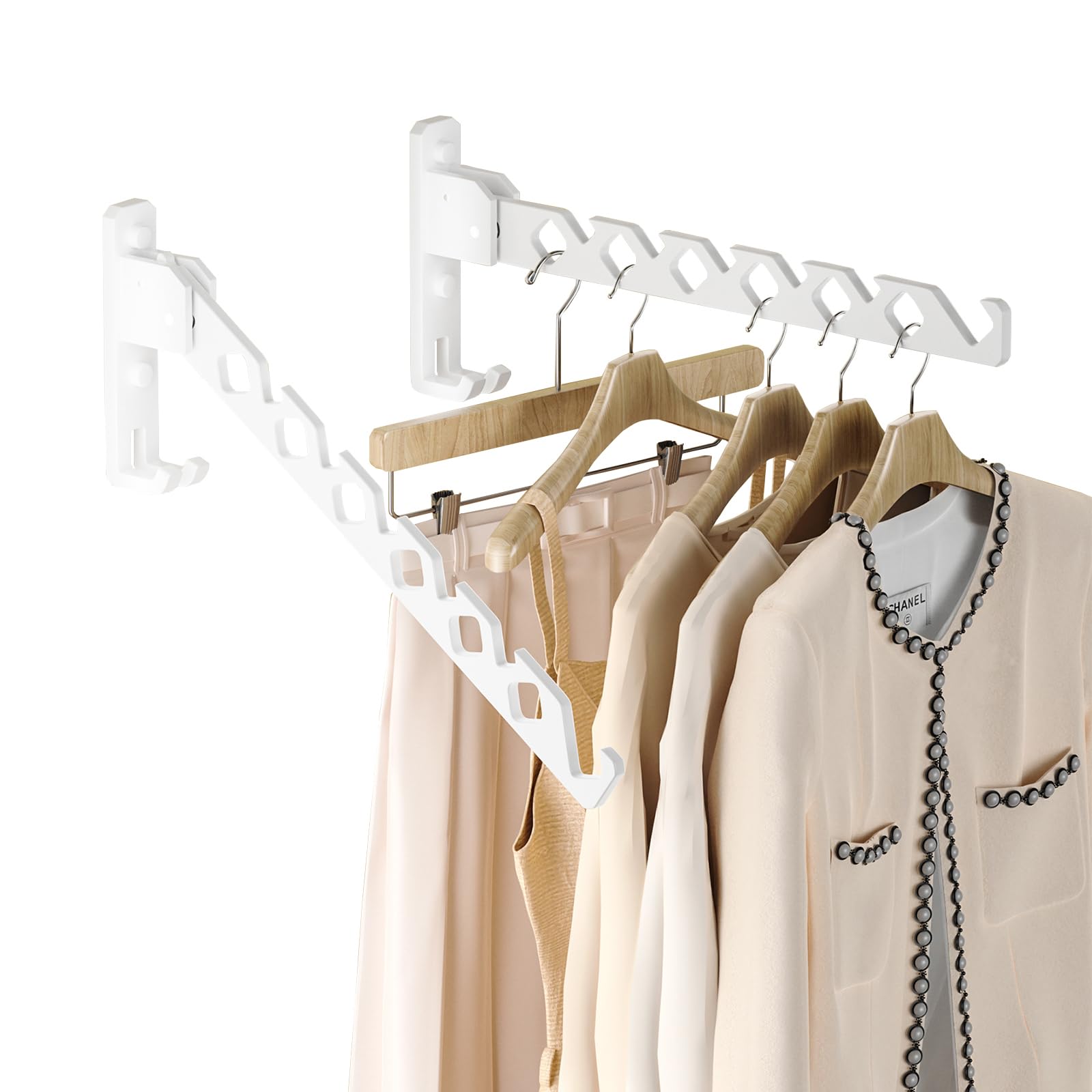 Dr.DJ Wall Mount Coat Hanger Holder White Clothes Drying Organizer Rack Garment Hooks Aluminium Retractable Folding Indoor Wall Mounted Hanger Space Saver for Laundry Room Bedroom White 2Pack