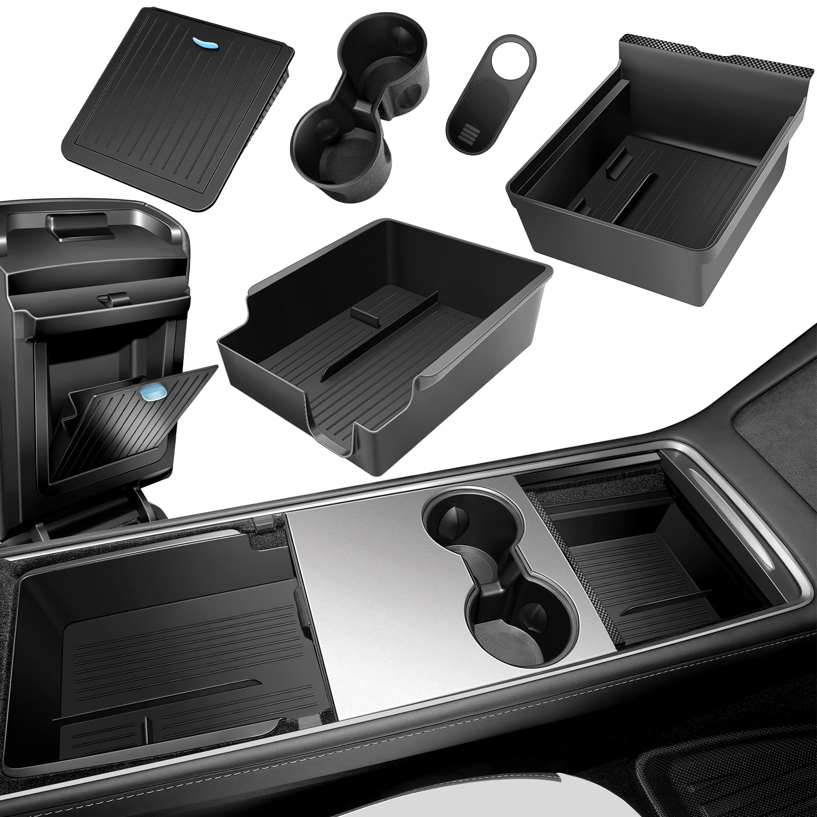 XINTUO 5Pcs Center Console Organizer Tray Compatible for Tesla Model Y Accessories 2025 2024-2021 Armrest Hidden Drawer Storage Box Cup Holder (Not Compatible for Model 3 2024)