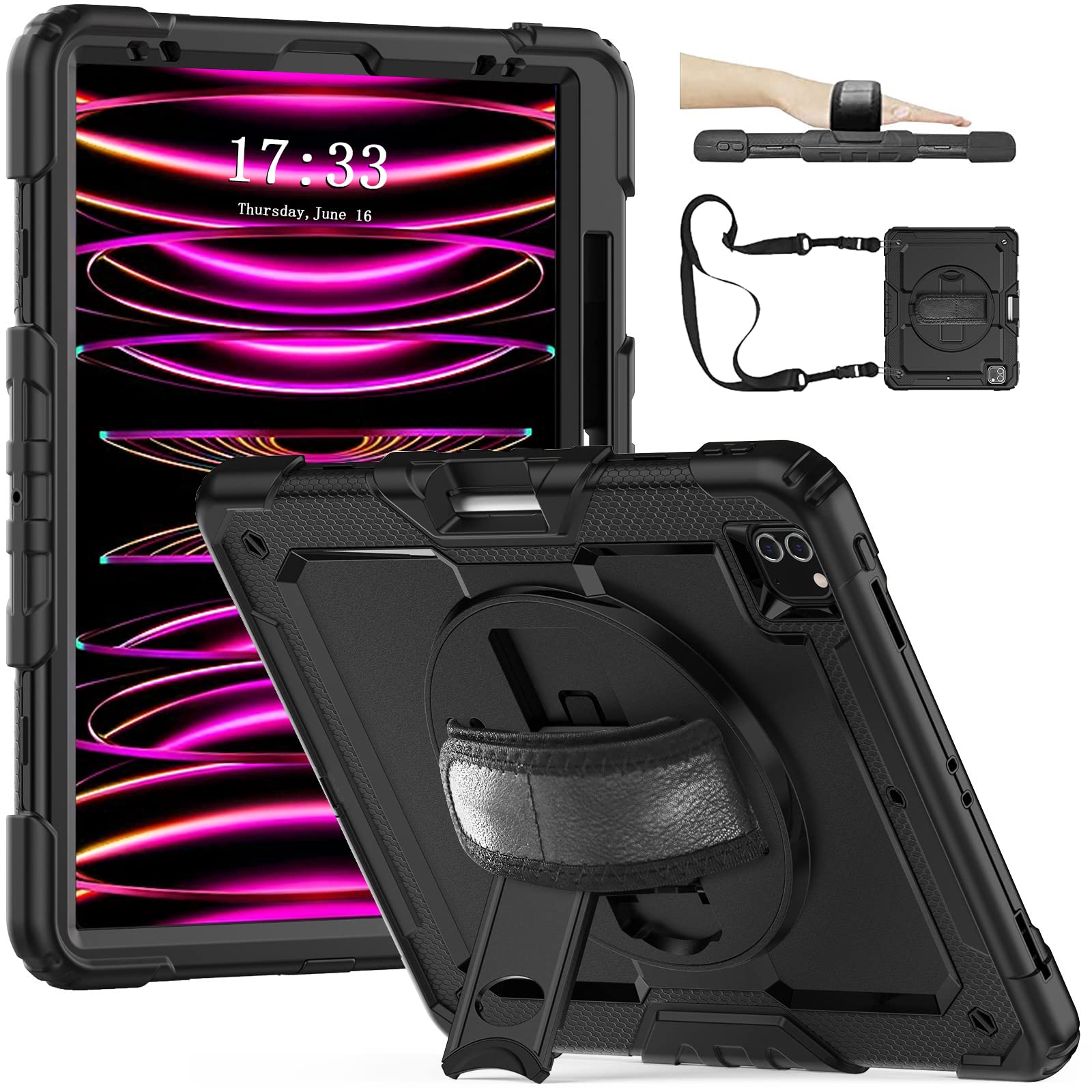 CASZONE Case for iPad Pro 12.9 Case 2022/2021/2020,iPad Pro 12.9 6th/5th/4th Generation Case with Pencil Holder Charger,360ーRotating Stand,Screen Protector,Hand/Shoulder Strap,Heavy Duty
