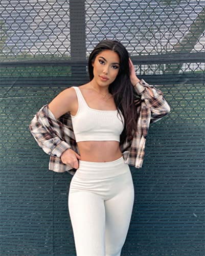OQQ Women's 2 Piece Yoga Leggings Ribbed Seamless Workout High Waist Athletic Pants Black Beige