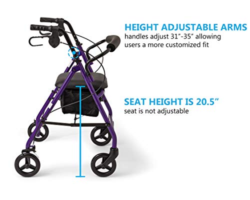 Medline Aluminum Rollator Walker with Seat, Folding Mobility Rolling Walker has 6 inch Wheels, Purple