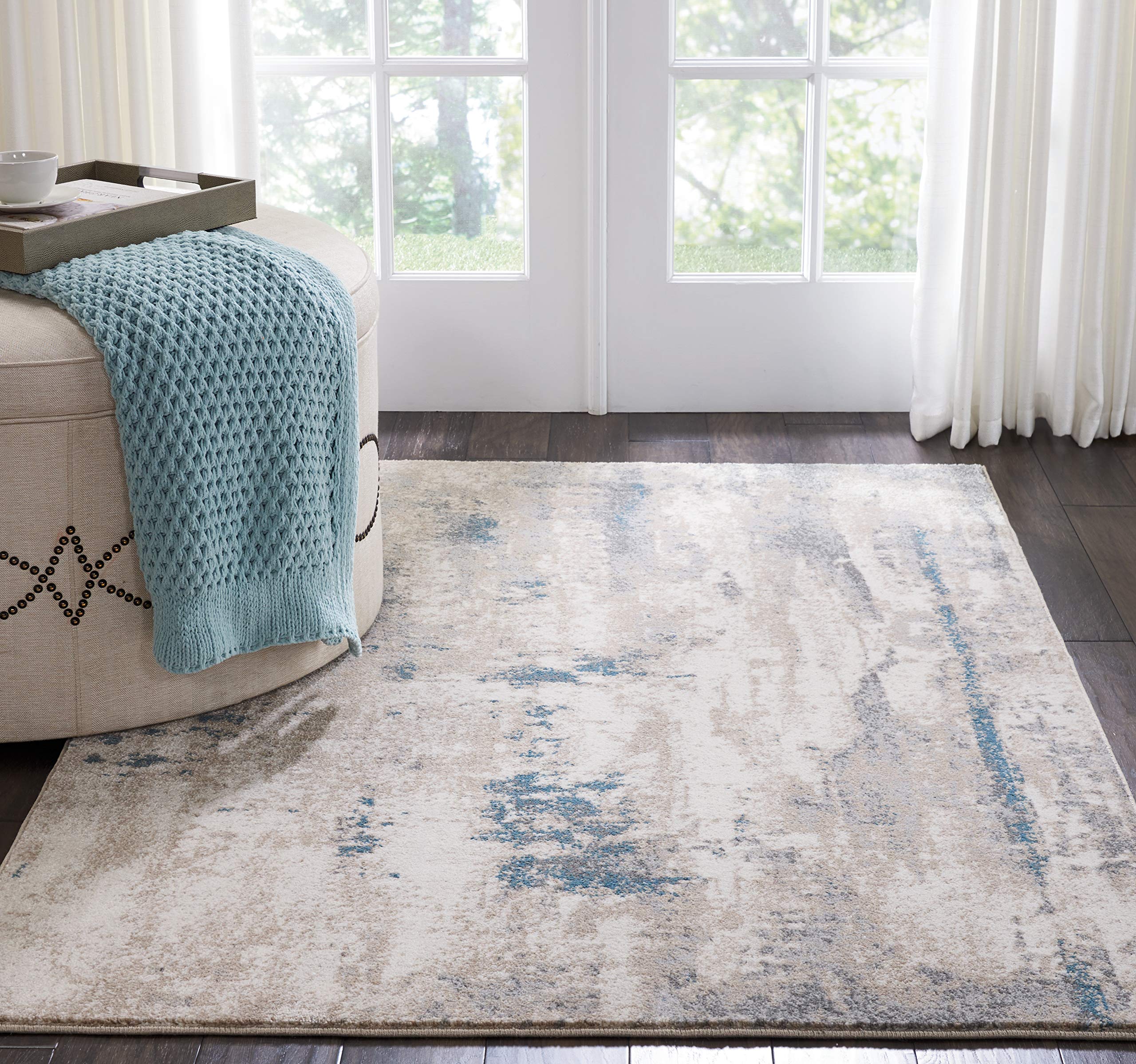 Nourison Maxell Contemporary Ivory/Teal 7'10" x 10'6" Area Rug, Easy Clean, Non Shedding, Bed Room, Living Room, Dining Room, Kitchen (8x11)