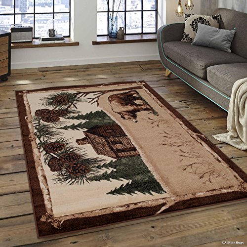 Allstar 8x10 Mocha and Ivory Cabin Rectangular Accent Rug with Chocolate and Espresso Wildlife Walking Bear Design (7' 6" x 10' 5")