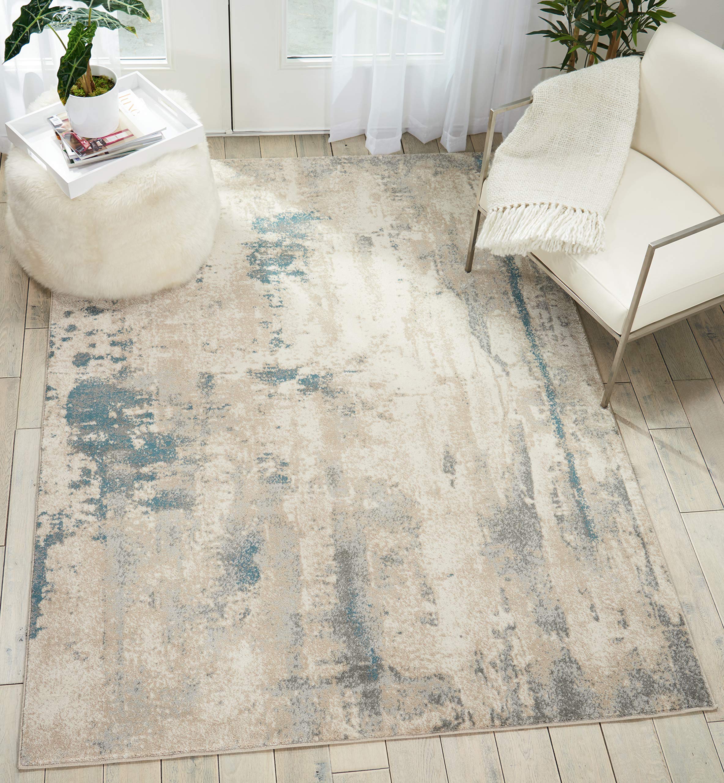 Nourison Maxell Contemporary Ivory/Teal 7'10" x 10'6" Area Rug, Easy Clean, Non Shedding, Bed Room, Living Room, Dining Room, Kitchen (8x11)