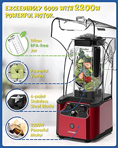 CRANDDI Quiet Commercial Blender with Soundproof Shield, 2200 Watt Professional Blenders for Kitchen with 80oz Pitcher and Self-Cleaning, High-Speed Blenders K90 Red