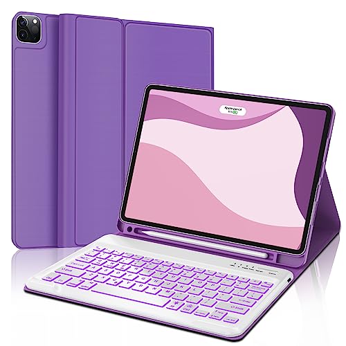 Keyboard Case for iPad Air 13-inch(M2, 2024) & iPad Pro 12.9 (6th 2022/5th 2021/4th 2020/3rd 2018 Gen), Detachable Bluetooth Keyboard| 7 Color Backlit| Slim Protection Cover with Pencil Holder, Purple