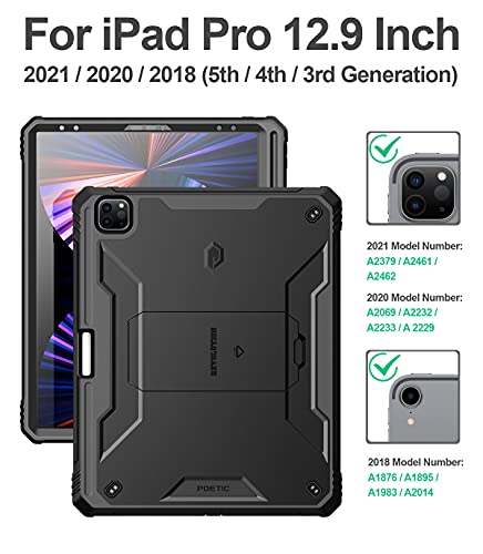 Poetic Revolution Case Designed for iPad Pro 12.9 6th Gen 2022 / 5th Gen 2021/4th Gen 2020/3rd Gen 2018, Full Body Rugged Shockproof Protective Case with Kickstand and Built-in-Screen Protector, Black