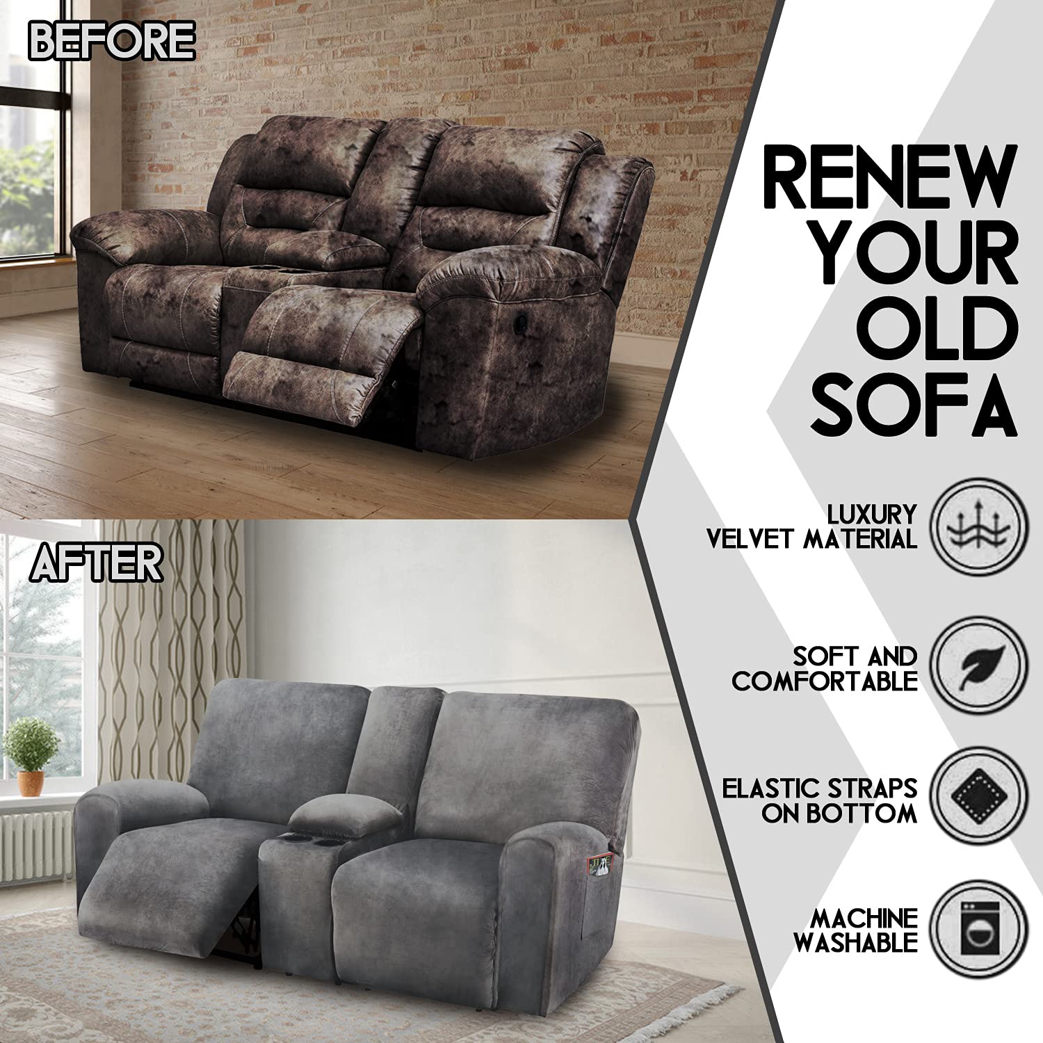 ULTICOR Reclining Loveseat with Middle Console Slipcover, 8-Piece Velvet Stretch Sofa Covers, 2 seat Loveseat Recliner Cover, Thick, Soft, Washable(Dark Grey)