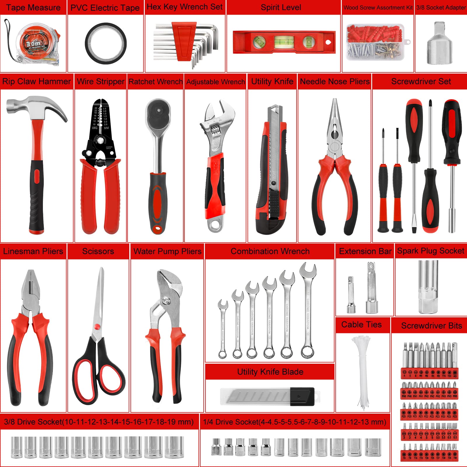 GoYwato Home Tool Kit 287PCs - Complete Repair General Hand Tool Set for Men Women - Household Tool Kit for Home Improvement with Hammer & Pliers Set & Ratchet Wrench & Socket & Portable Tool Box Case