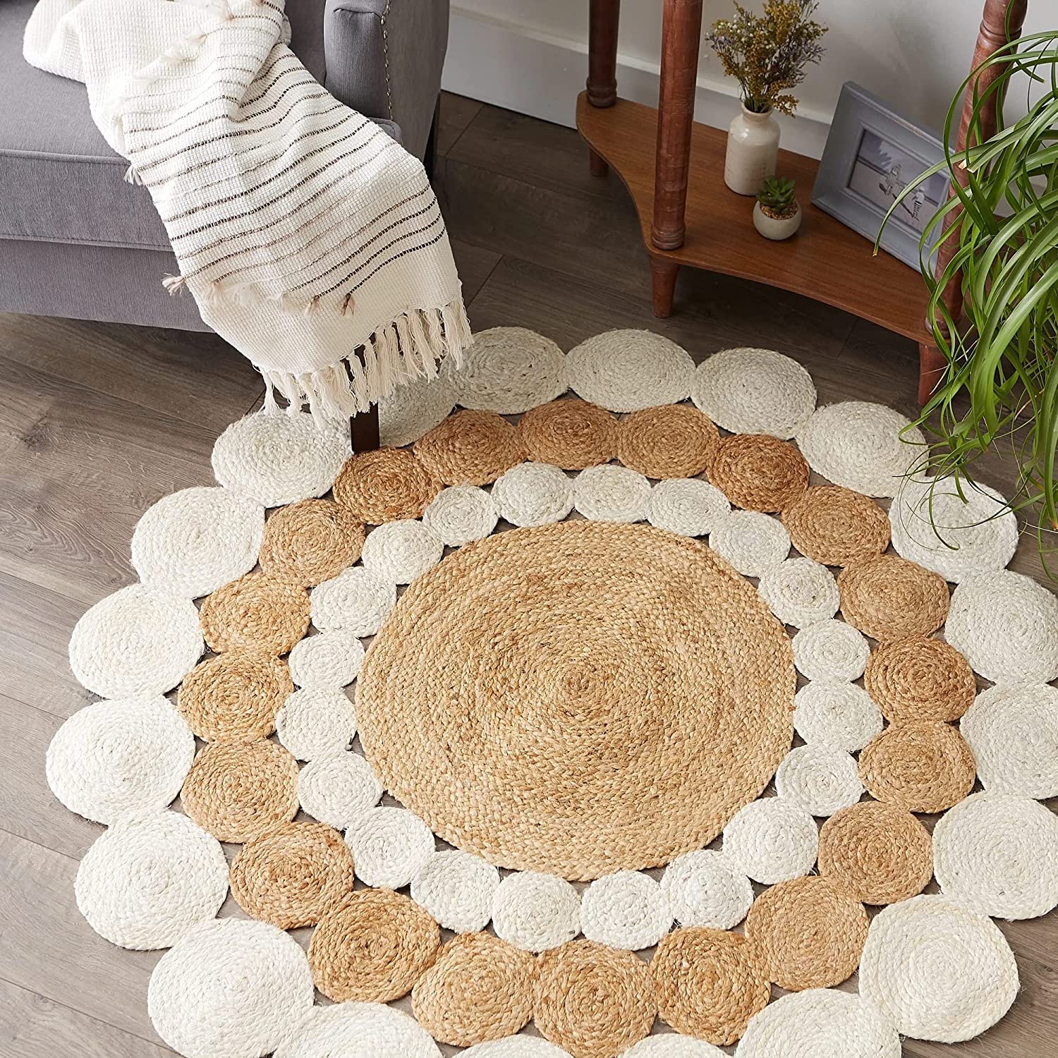 THE PIKKU INTERNATIONAL - Rug Round Jute Hand Woven Circle Design Area Rug Beige and White Color Carpet (11 X 11 Feet)