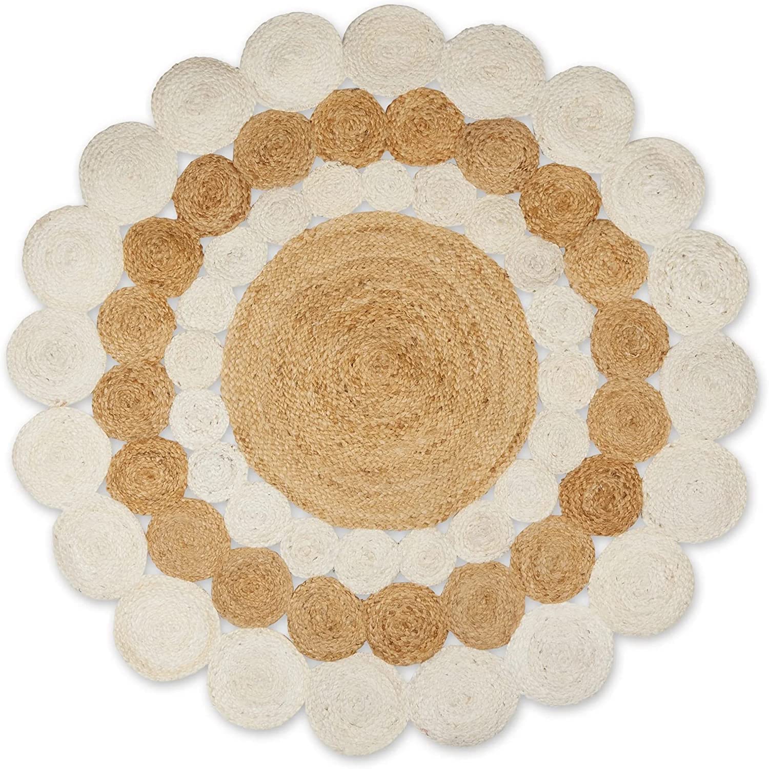 THE PIKKU INTERNATIONAL - Rug Round Jute Hand Woven Circle Design Area Rug Beige and White Color Carpet (11 X 11 Feet)
