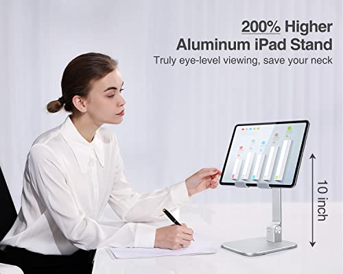 elitehood Aluminum iPad Stand, Adjustable iPad Stand Holder for Desk, Desktop Tablet Stand Dock for iPad Pro 12.9 11, iPad Air Mini 4 5 and More 4-13.5 inches Tablets, Silver