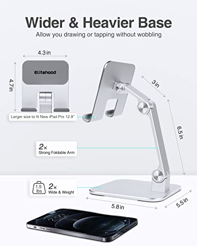 elitehood Aluminum iPad Stand, Adjustable iPad Stand Holder for Desk, Desktop Tablet Stand Dock for iPad Pro 12.9 11, iPad Air Mini 4 5 and More 4-13.5 inches Tablets, Silver