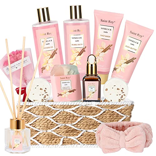 Spa Gift Basket Vanilla Oat 14 Pcs Bath Scents for Women,Bath Gift Set Enriched Shea Butter. Home Spa with Shower Gel, Body Oil, Diffuser, Shower Steamer & More for Mom