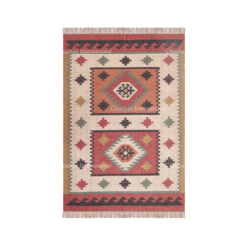 Chouhan International Kilim Rug Wool Jute Rug, Kilim Dhurrie Wool and Jute Rug Handmade for Living for Room (8x10 Ft) KLM- 11