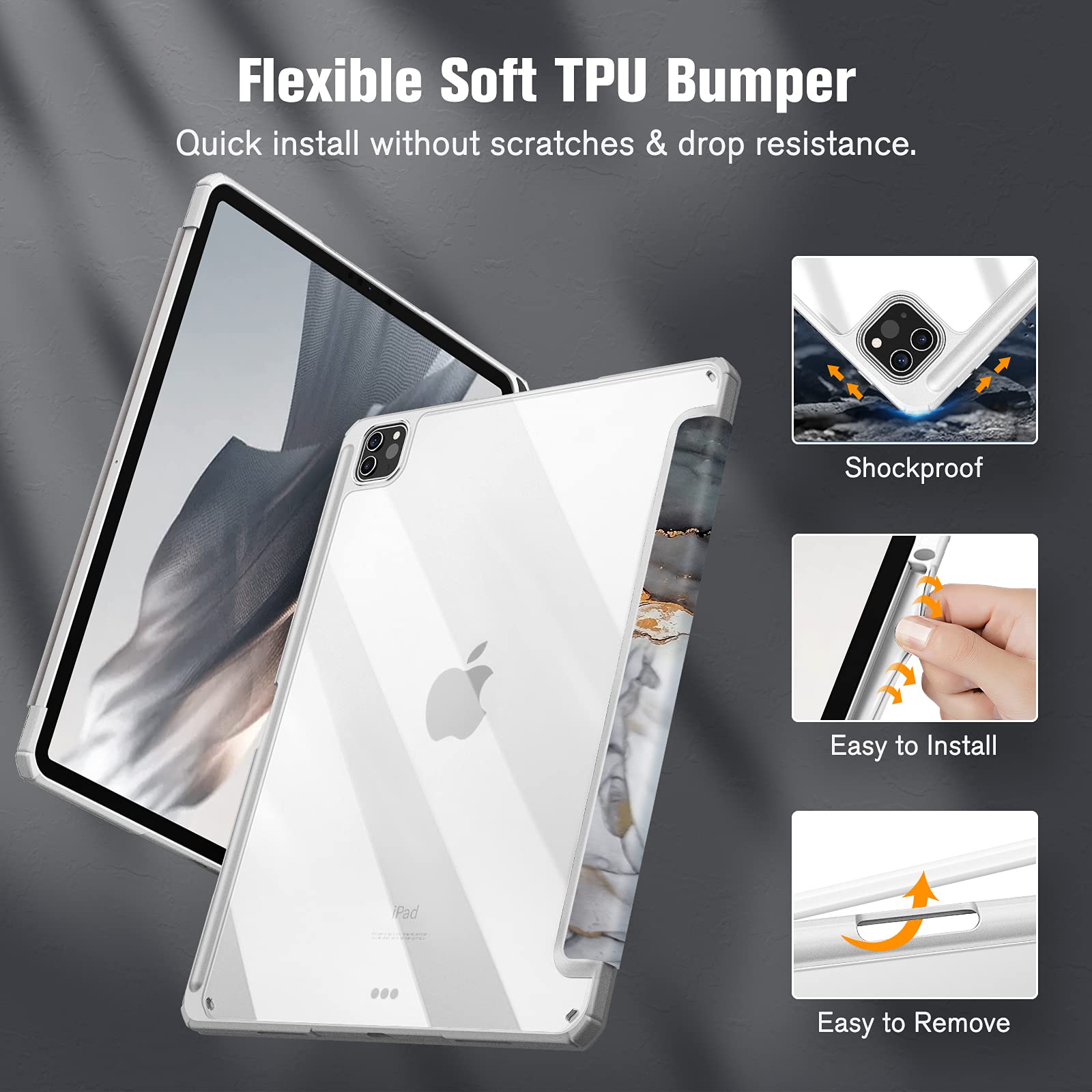 Fintie Hybrid Slim Case for iPad Pro 12.9-inch 6th Generation 2022, [Built-in Pencil Holder] Shockproof Cover w/Clear Transparent Back Shell, Also Fit iPad Pro 12.9" 5th/4th/3rd Gen, Cloudy Marble