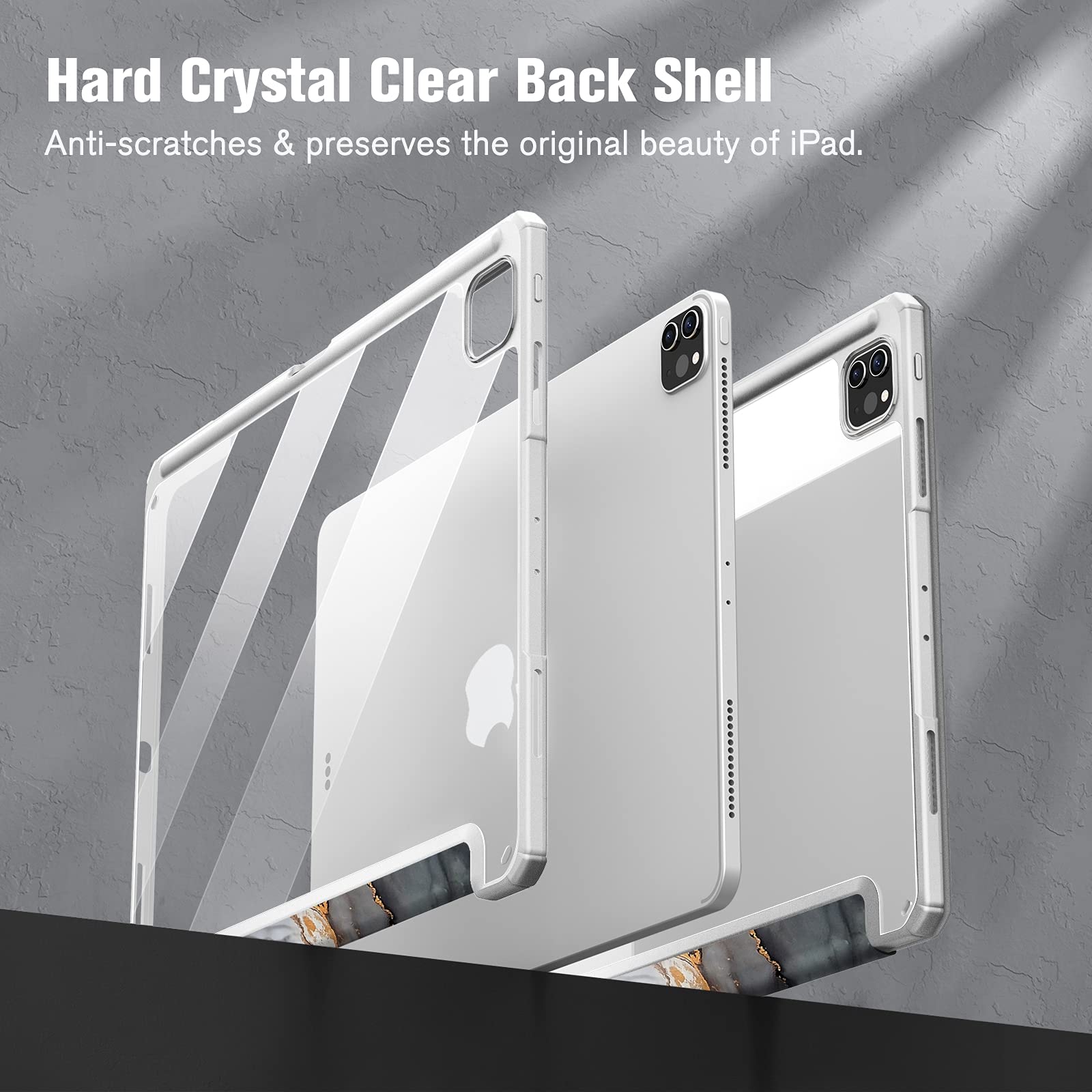 Fintie Hybrid Slim Case for iPad Pro 12.9-inch 6th Generation 2022, [Built-in Pencil Holder] Shockproof Cover w/Clear Transparent Back Shell, Also Fit iPad Pro 12.9" 5th/4th/3rd Gen, Cloudy Marble
