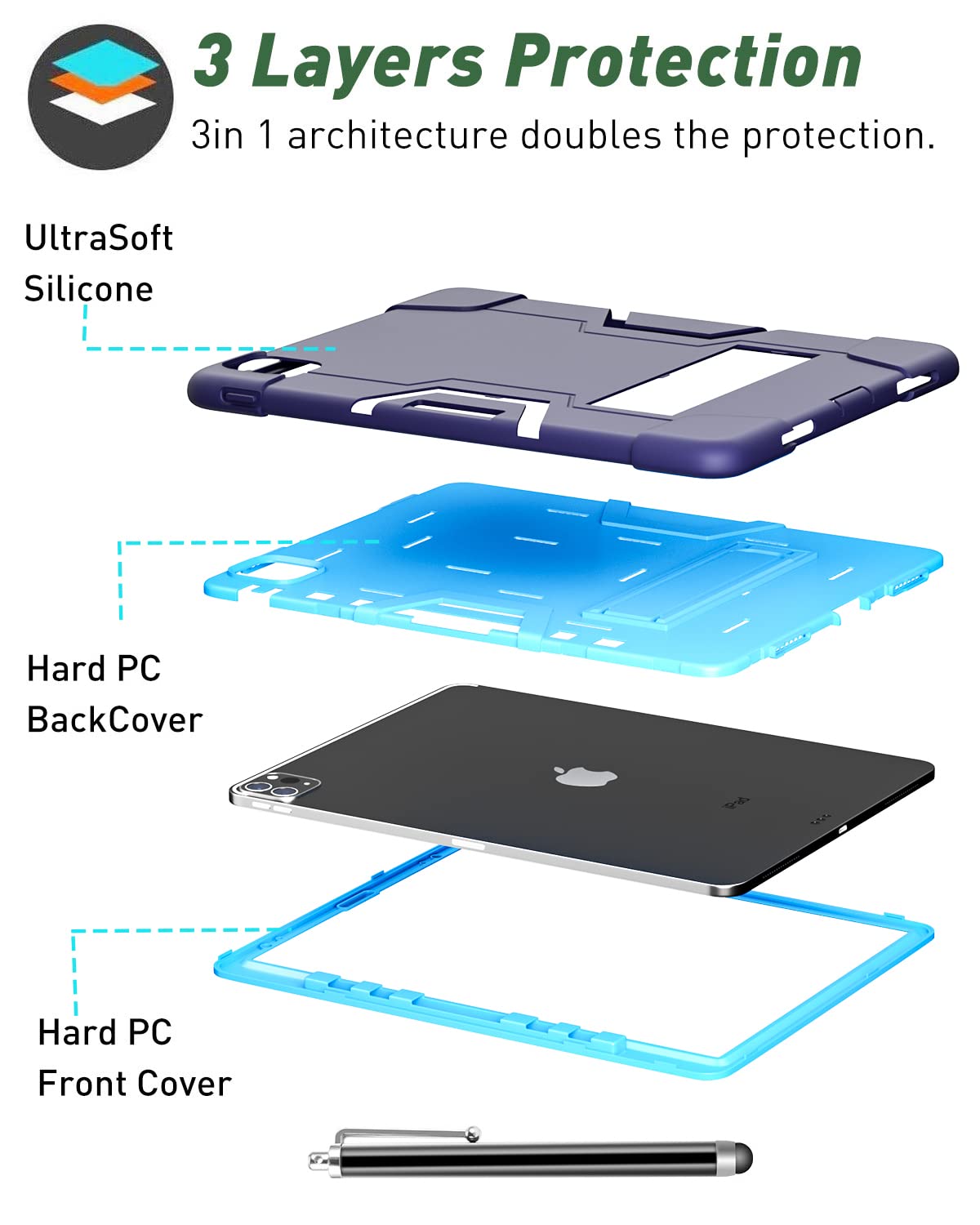 iPad Pro 12.9" Case 2022 2021 2020 2018,AICase Heavy Duty Hybrid Shockproof Hard Cover Rubber Stand with Screen Protector+Stytus for Apple iPad Pro 12.9-inch (6th,5th, 4th & 3rd Gen)