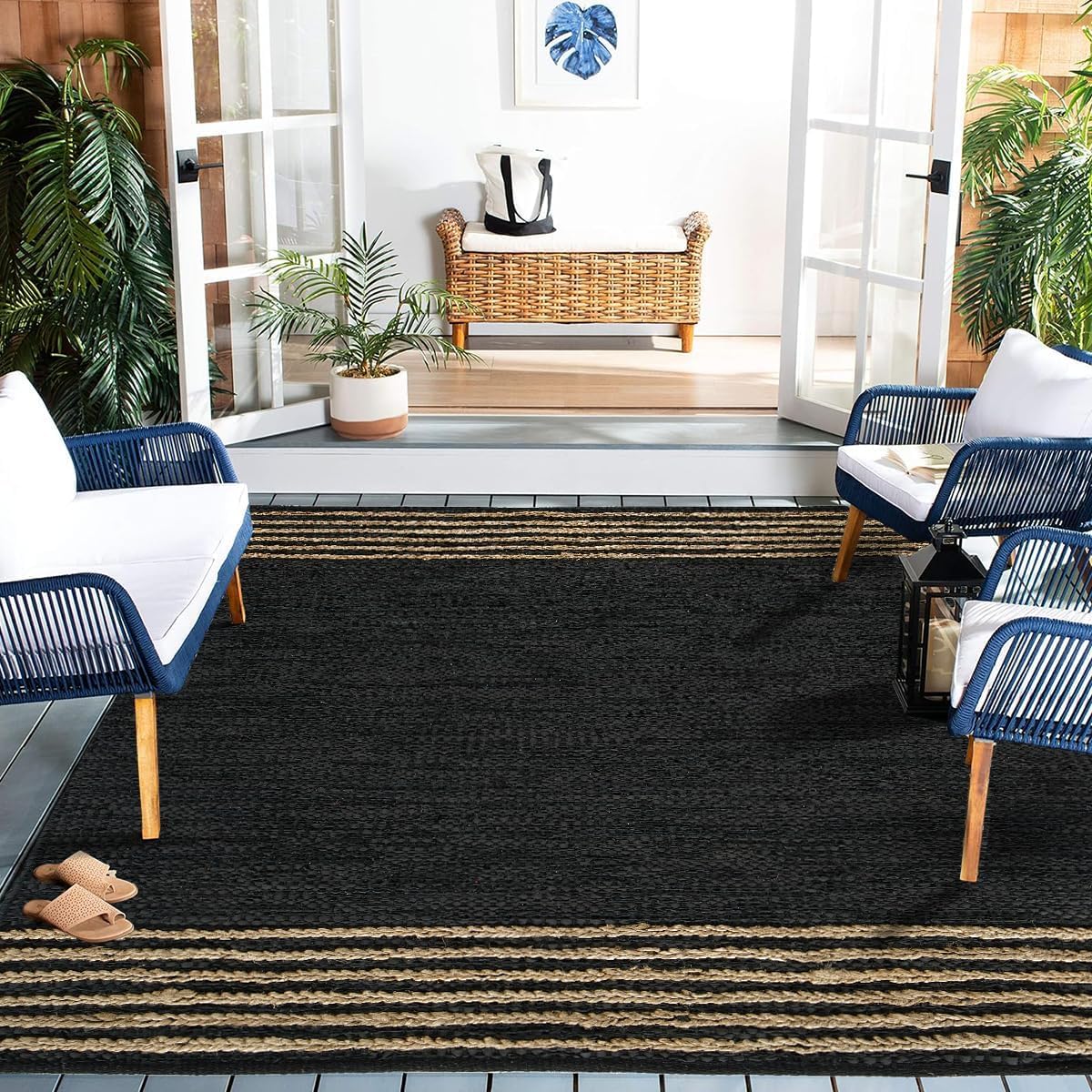 GRUHUM Jute Area Rug 4x6 ft Black Natural Leather Handmade Boho Farmhouse Rustic Vintage Eco Friendly Soft Braided Rug for Indoor Kitchen Bedroom Living Room Hallways Enterways 4'x6' ft Rectangle