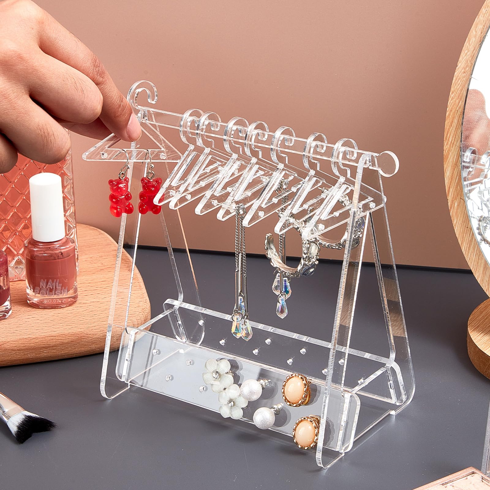 Kigley 4 Pcs Acrylic Earring Hanger Rack Earring Holder Stand Earring Display Each 52 Hole with 8 Mini Hangers Clear Hanging Jewelry Ear Studs Dangle Organizer for Women Girls, 5.31 x 5.31 x 3.27 Inch