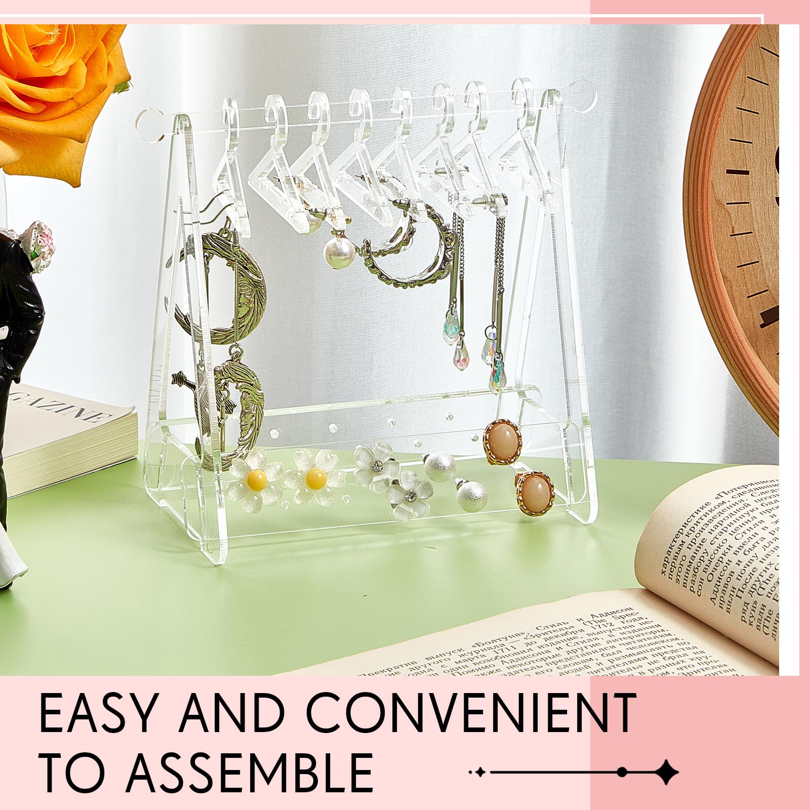 Kigley 4 Pcs Acrylic Earring Hanger Rack Earring Holder Stand Earring Display Each 52 Hole with 8 Mini Hangers Clear Hanging Jewelry Ear Studs Dangle Organizer for Women Girls, 5.31 x 5.31 x 3.27 Inch