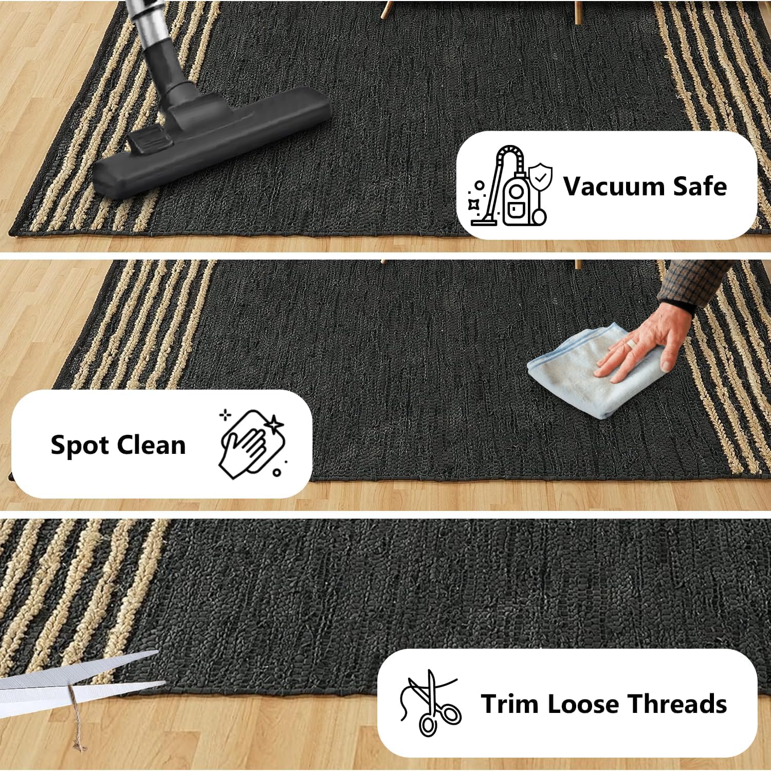 GRUHUM Jute Area Rug 4x6 ft Black Natural Leather Handmade Boho Farmhouse Rustic Vintage Eco Friendly Soft Braided Rug for Indoor Kitchen Bedroom Living Room Hallways Enterways 4'x6' ft Rectangle