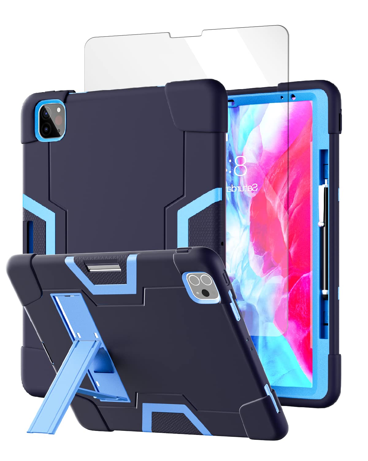 iPad Pro 12.9" Case 2022 2021 2020 2018,AICase Heavy Duty Hybrid Shockproof Hard Cover Rubber Stand with Screen Protector+Stytus for Apple iPad Pro 12.9-inch (6th,5th, 4th & 3rd Gen)