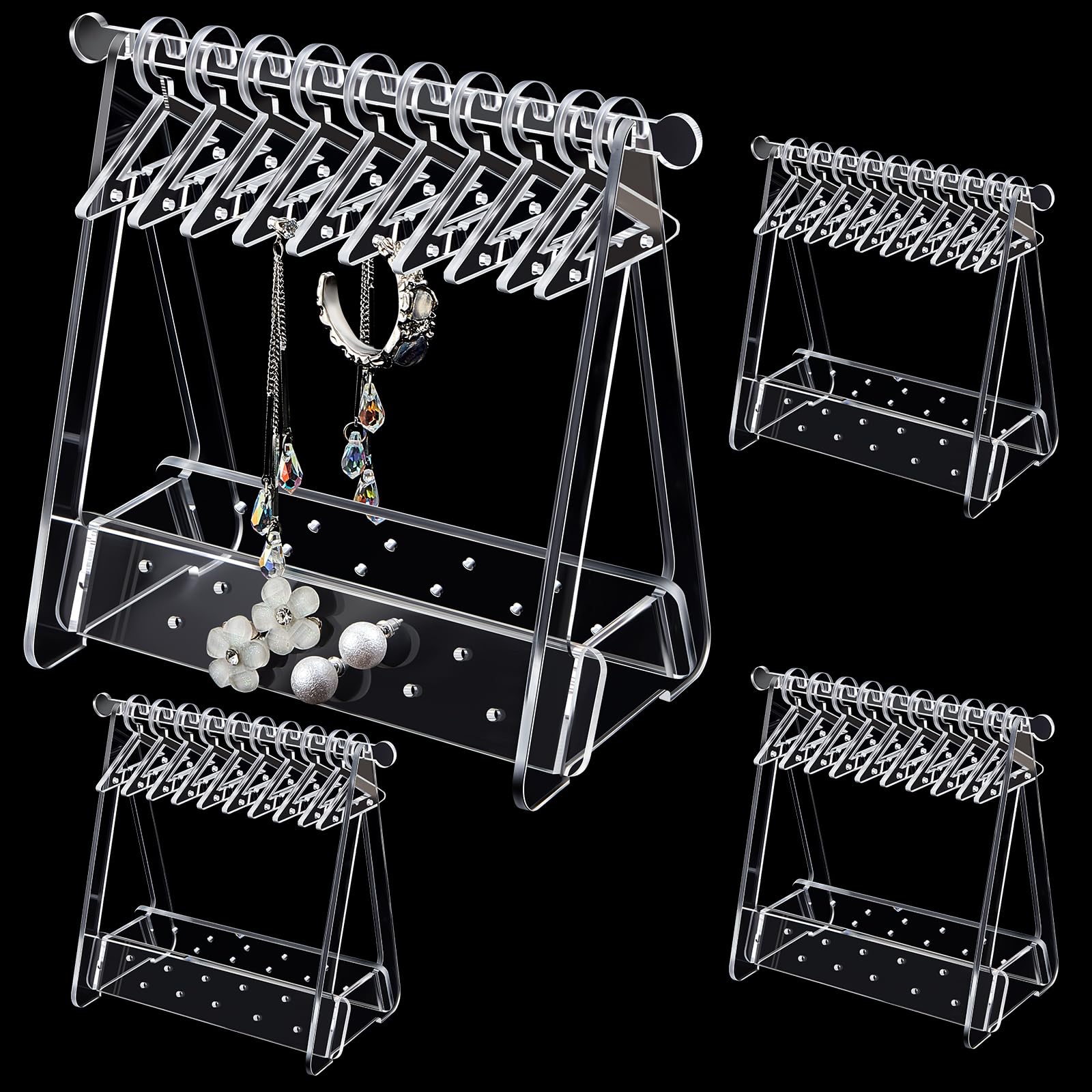 Kigley 4 Pcs Acrylic Earring Hanger Rack Earring Holder Stand Earring Display Each 52 Hole with 8 Mini Hangers Clear Hanging Jewelry Ear Studs Dangle Organizer for Women Girls, 5.31 x 5.31 x 3.27 Inch