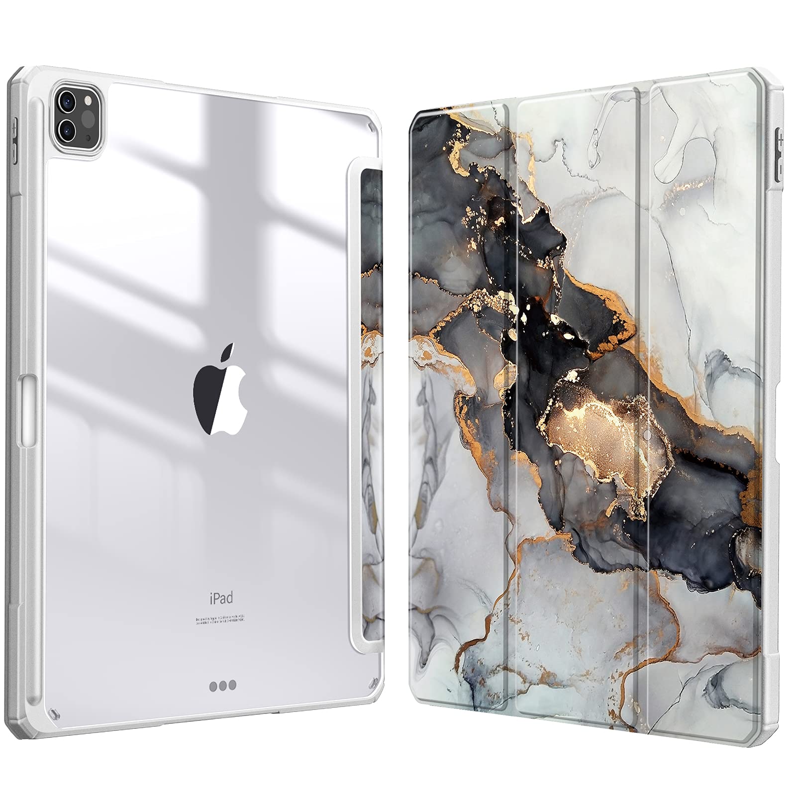 Fintie Hybrid Slim Case for iPad Pro 12.9-inch 6th Generation 2022, [Built-in Pencil Holder] Shockproof Cover w/Clear Transparent Back Shell, Also Fit iPad Pro 12.9" 5th/4th/3rd Gen, Cloudy Marble