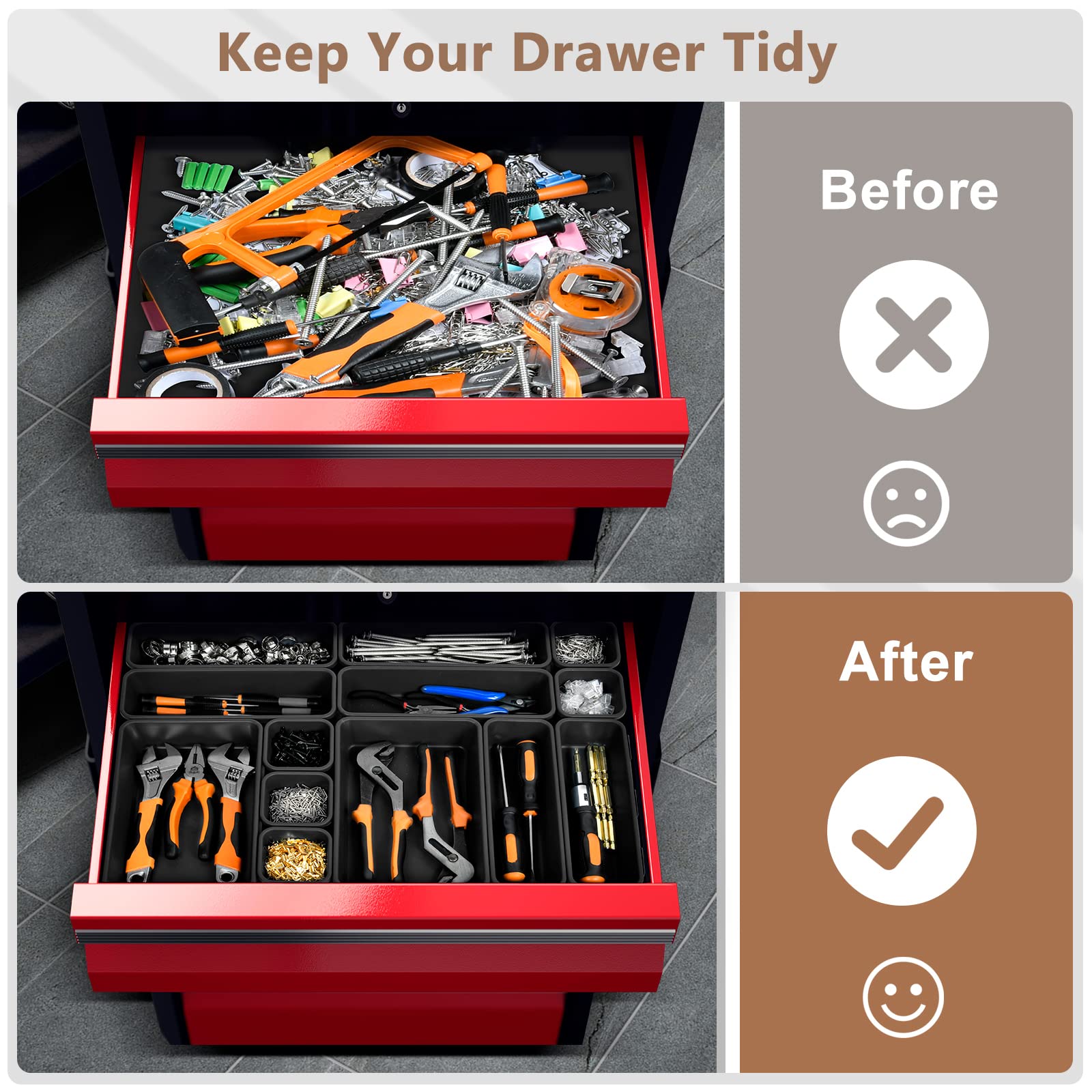 A-LUGEI【𝟱𝟴𝗣𝗰𝘀】【5 Size】 Tool Box Organizer Tray Divider Set, 【Black】 Desk Drawer Organizer, Garage Organization and Storage Toolbox Accessories Rolling Tool Chest Cart Cabinet WorkBench Small Part