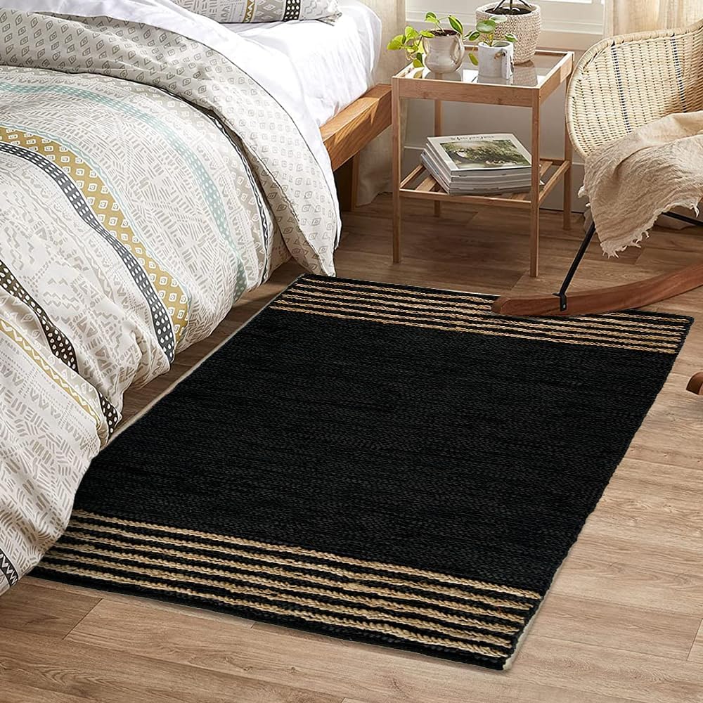GRUHUM Jute Area Rug 4x6 ft Black Natural Leather Handmade Boho Farmhouse Rustic Vintage Eco Friendly Soft Braided Rug for Indoor Kitchen Bedroom Living Room Hallways Enterways 4'x6' ft Rectangle
