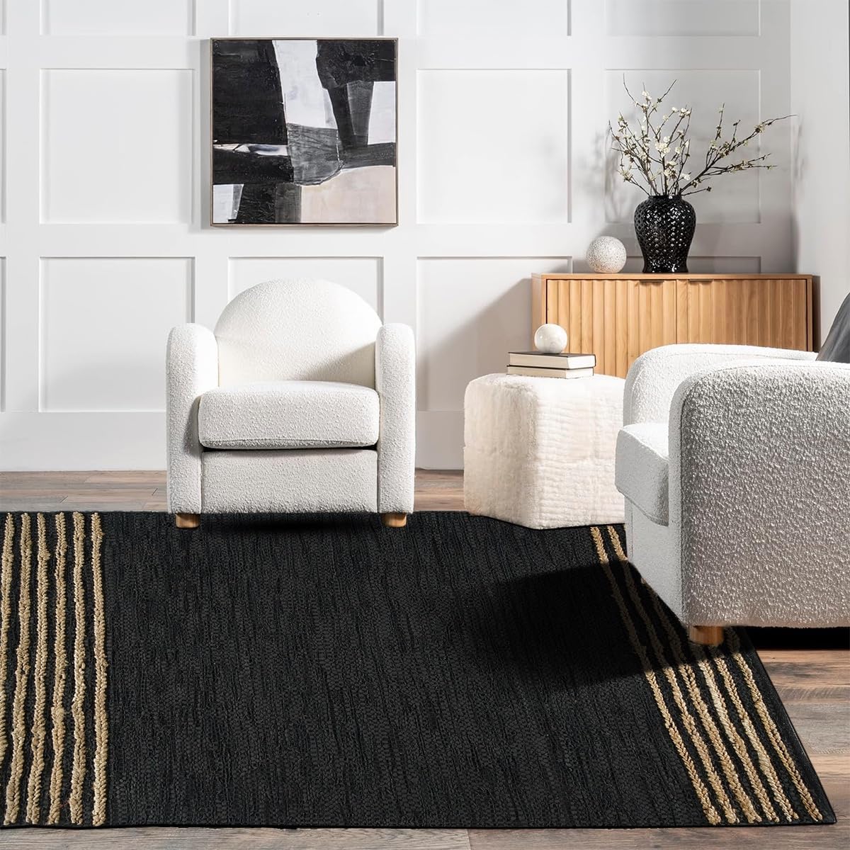 GRUHUM Jute Area Rug 4x6 ft Black Natural Leather Handmade Boho Farmhouse Rustic Vintage Eco Friendly Soft Braided Rug for Indoor Kitchen Bedroom Living Room Hallways Enterways 4'x6' ft Rectangle