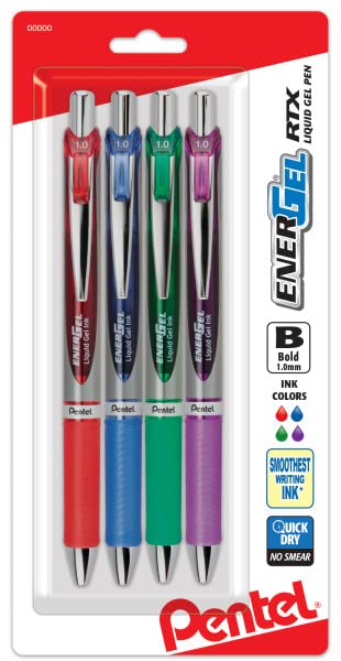 Pentel EnerGel RTX Retractable Liquid Gel Pen, (1.0mm) Metal Tip, Bold Line, Assorted Ink Colors (Red, Blue, Green, Violet)