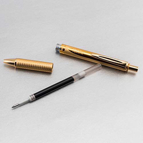 Pentel Energel 0.7 Alloy Rollerball Retractable Liquid Gel Metal Pen - Gold Pen Barrel - Black Ink - Gift Set With 2 Refills for Women, & Men.