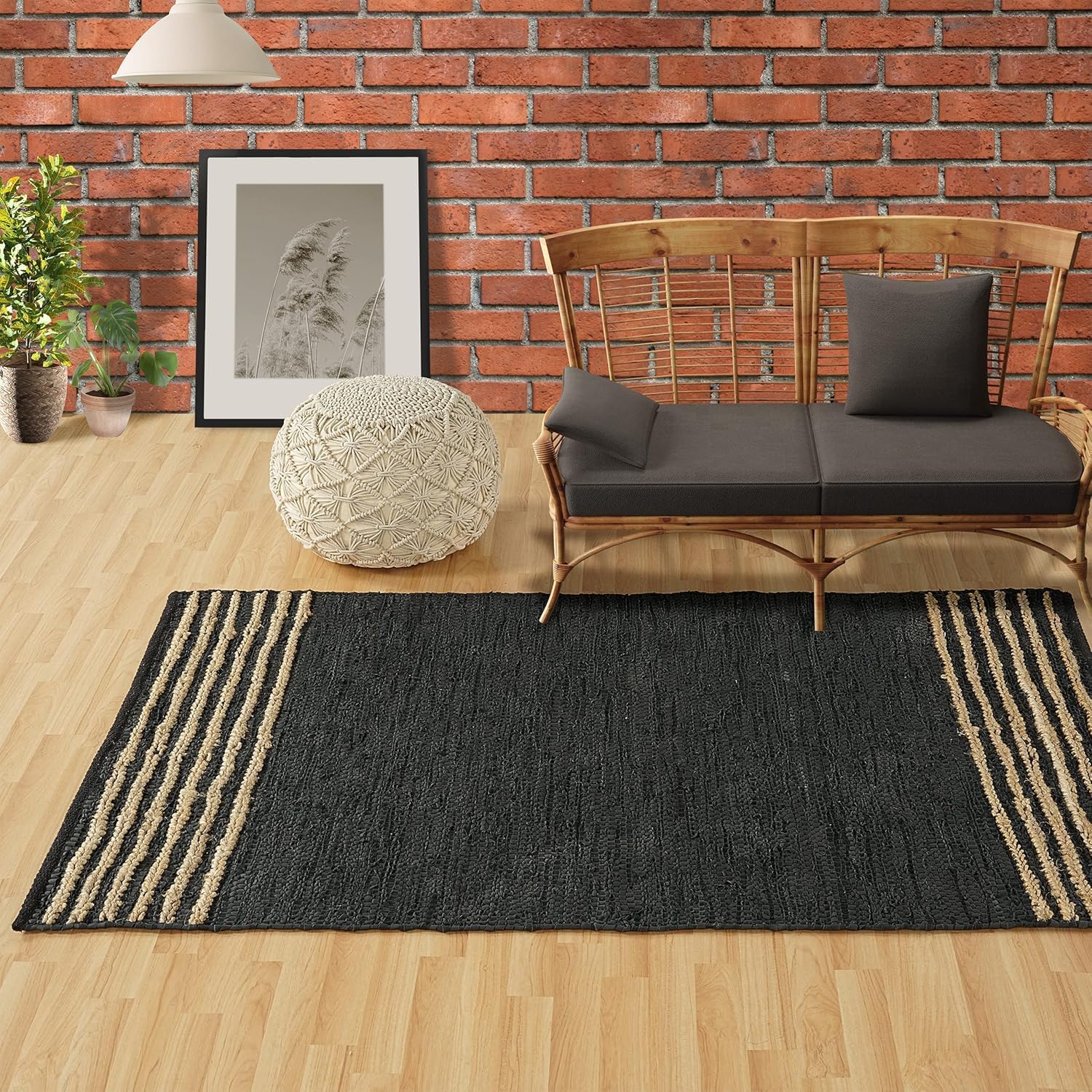 GRUHUM Jute Area Rug 4x6 ft Black Natural Leather Handmade Boho Farmhouse Rustic Vintage Eco Friendly Soft Braided Rug for Indoor Kitchen Bedroom Living Room Hallways Enterways 4'x6' ft Rectangle