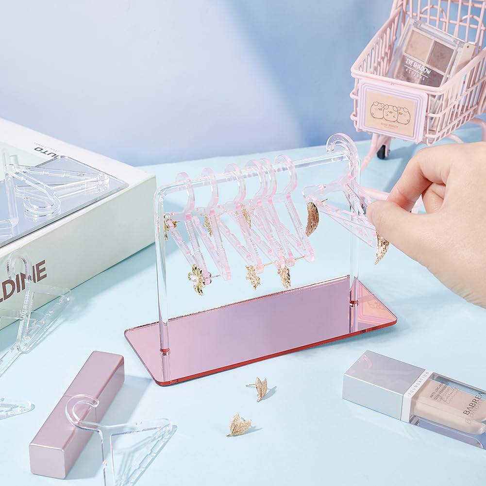 FINGERINSPIRE 2 Sets Acrylic Earring Holder with Mini Hangers Sliver/Pink 32 Holes 96 Slots Coat Hanger Shape Earring Display Stand with Mirrored Base Jewelry Storage Rack for Show, Photography Props