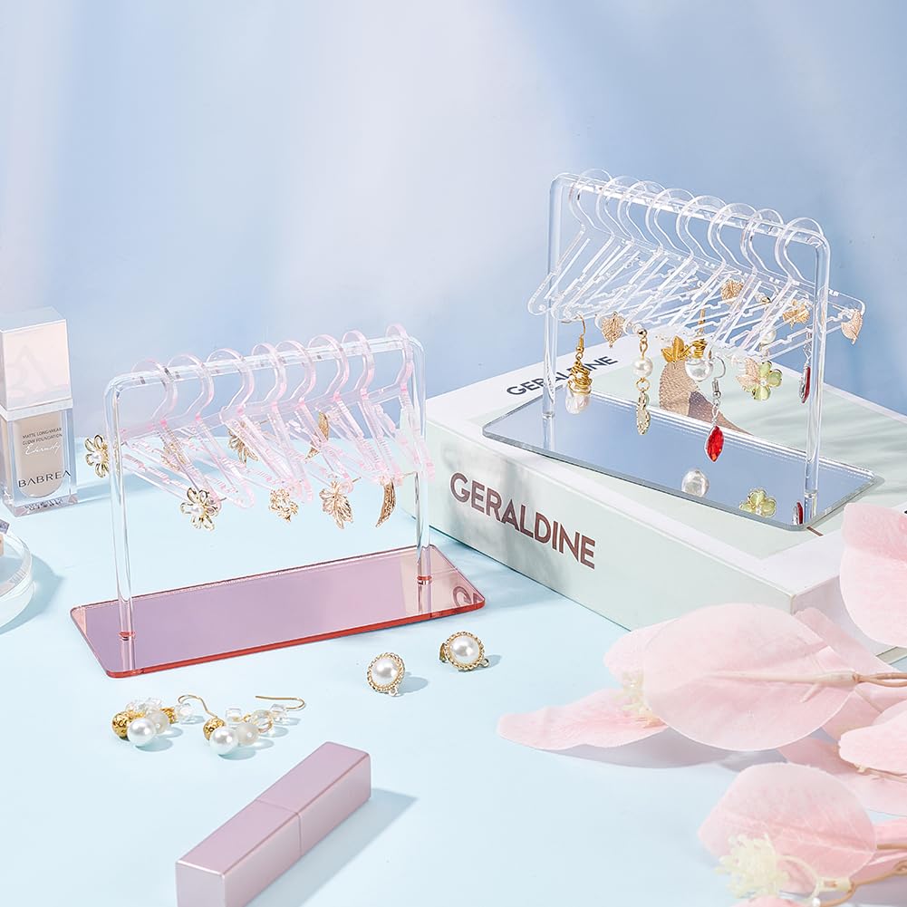 FINGERINSPIRE 2 Sets Acrylic Earring Holder with Mini Hangers Sliver/Pink 32 Holes 96 Slots Coat Hanger Shape Earring Display Stand with Mirrored Base Jewelry Storage Rack for Show, Photography Props