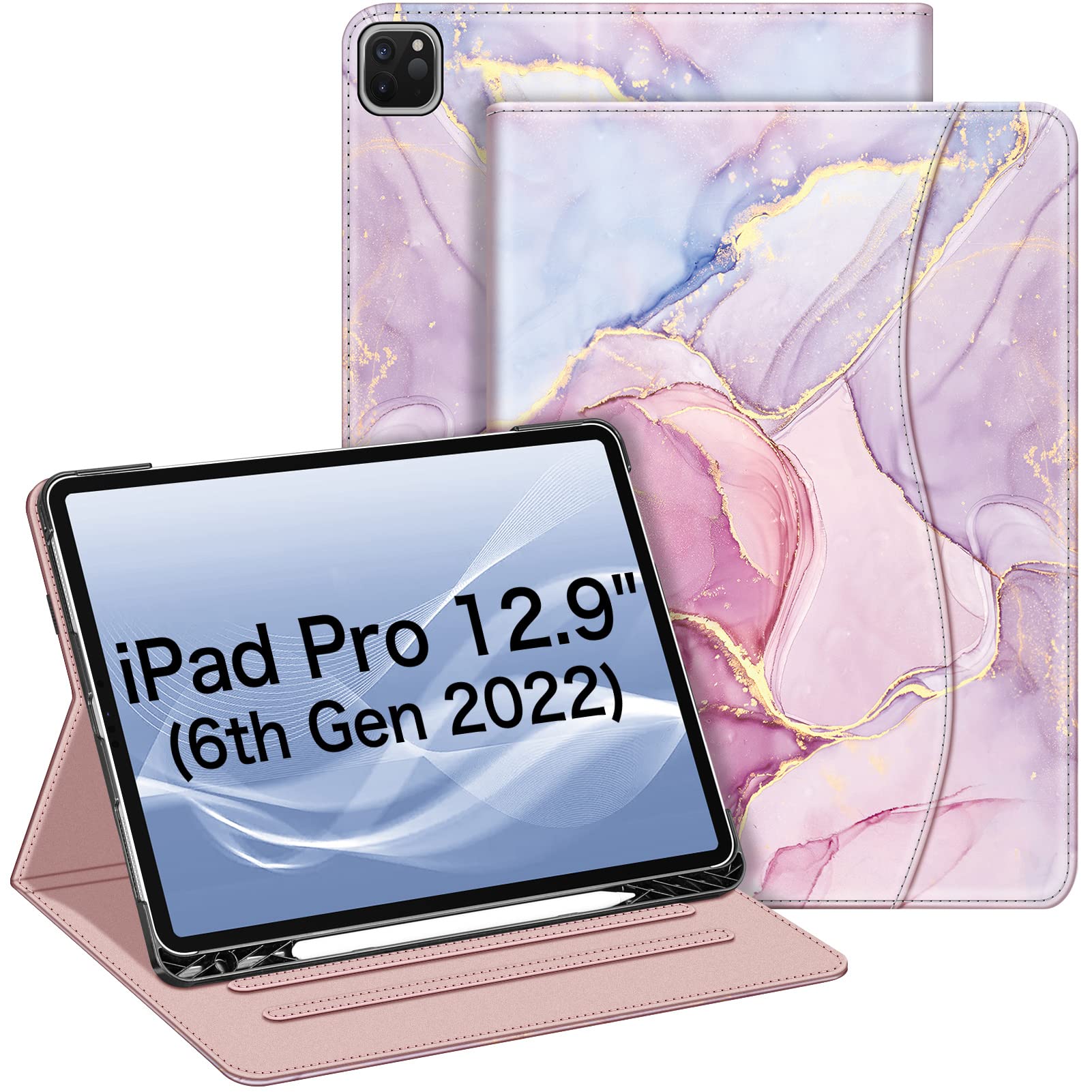 Fintie Folio Case for iPad Pro 12.9" 6th Generation 2022, Multi-Angle Smart Stand Cover w/Pencil Holder & Pocket, Also Fit iPad Pro 12.9 2021 5th & 2020 4th & 2018 3rd Gen, Dreamy Marble