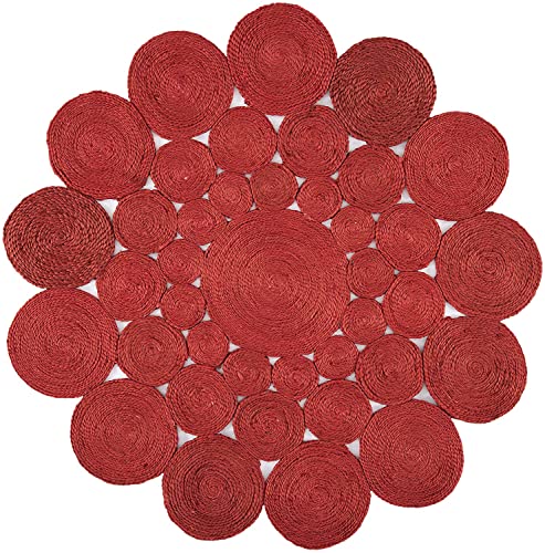 THE PIKKU INTERNATIONAL - Rug Round Jute Hand Woven Circle Design Area Rug Red Dye Carpet (11 X 11 Feet)