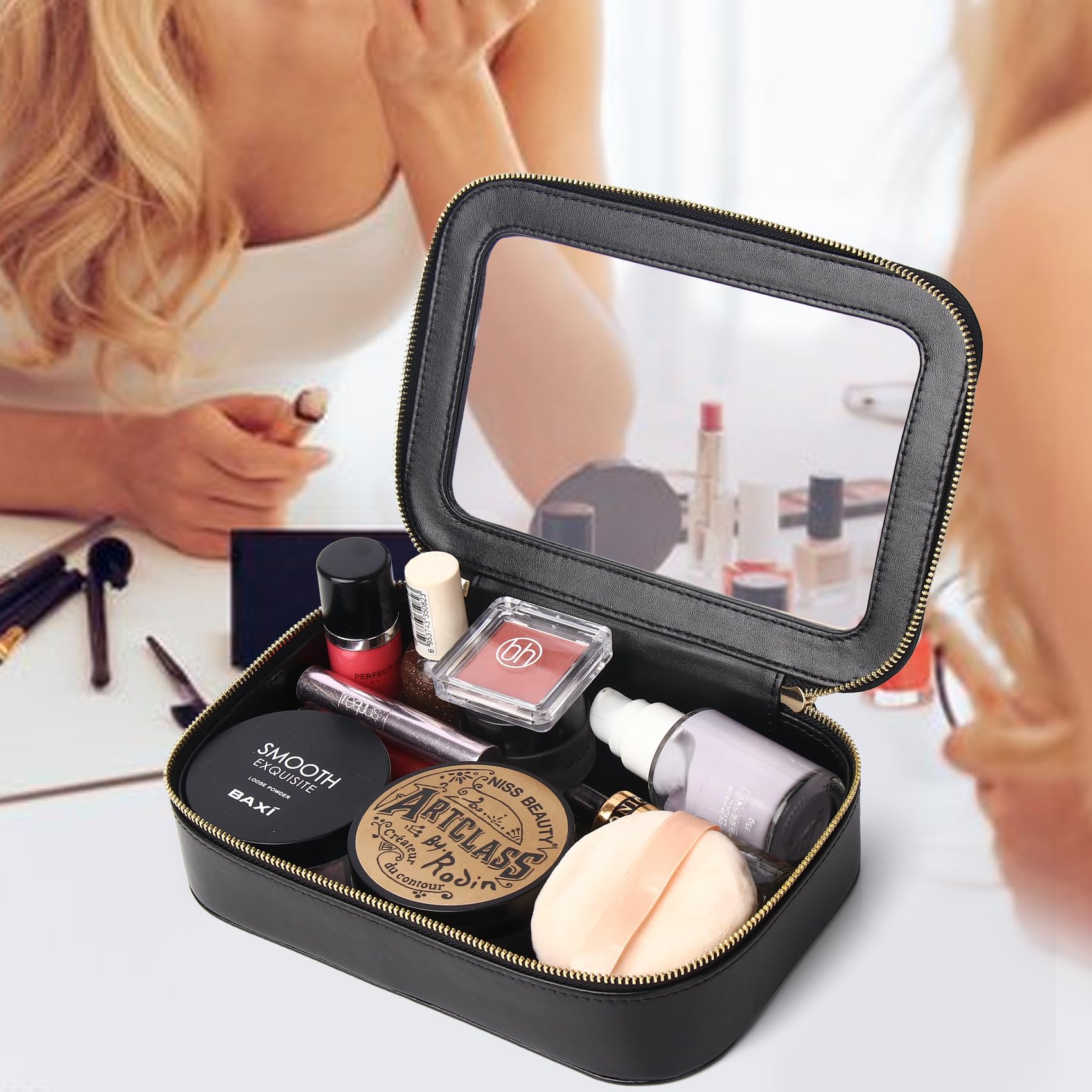Pinkmik Clear Makeup Bag Transparent Travel Case for Cosmetics and Toiletries Women's Clear Car Bag with Zipper (Black, Small)
