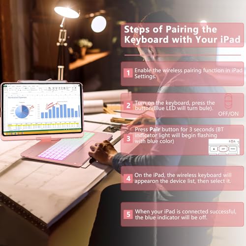 Keyboard Case for iPad Air 13 inch (M2) 2024, Touch iPad 12.9 inch 4th 3rd Generation Case with Keyboard 2020/2018,7 Colors Backlits Keyboard with Trackpad,Magic 360° Rotatable,Pencil Holder-Rose Gold