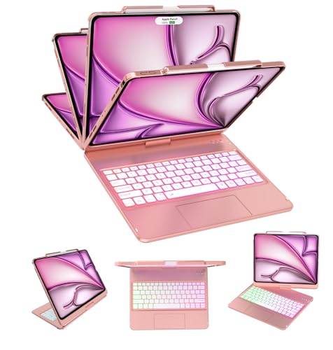 Keyboard Case for iPad Air 13 inch (M2) 2024, Touch iPad 12.9 inch 4th 3rd Generation Case with Keyboard 2020/2018,7 Colors Backlits Keyboard with Trackpad,Magic 360° Rotatable,Pencil Holder-Rose Gold