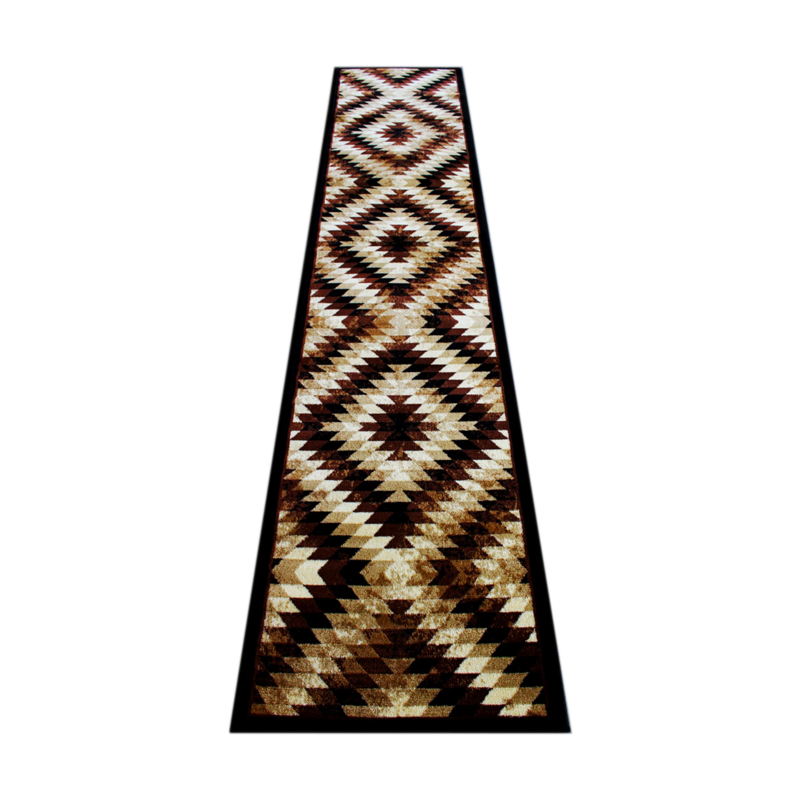 EMMA + OLIVER Olefin Accent Rug - Distressed Southwestern Diamond Motif in Brown, Beige, White & Black - 2x11 - Plush Pile - Jute Backing