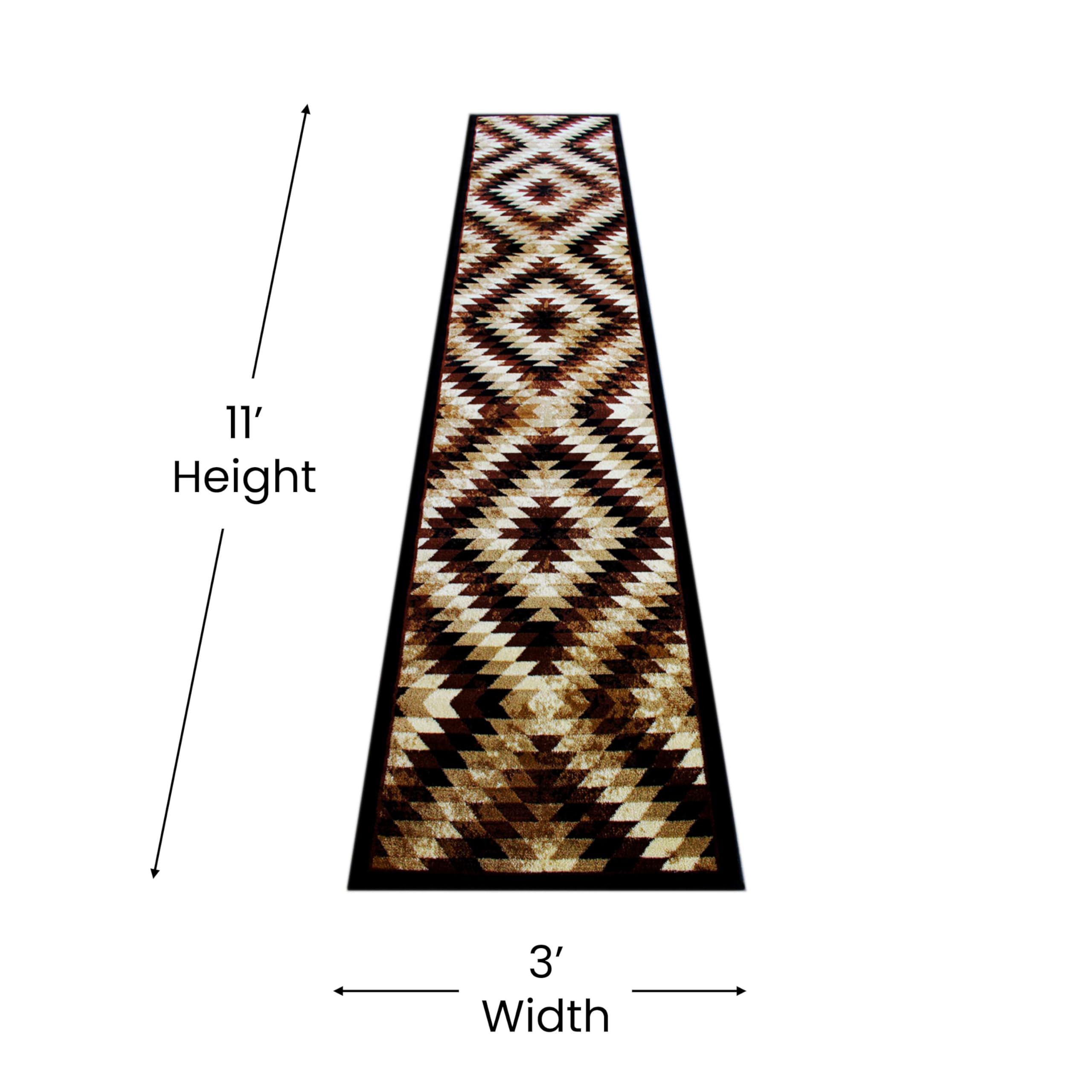 EMMA + OLIVER Olefin Accent Rug - Distressed Southwestern Diamond Motif in Brown, Beige, White & Black - 2x11 - Plush Pile - Jute Backing