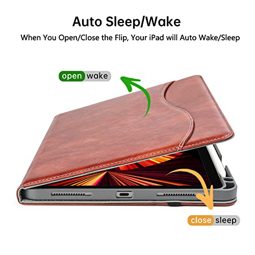 HFcoupe iPad Pro 12.9 Case 6th Generation 2022 / 5th Gen 2021, 12.9 Inch iPad Pro case with Pencil Holder and Pocket, Multiple Angles Viewing Flip Cover Protective Folio Auto Sleep/Wake - Brown