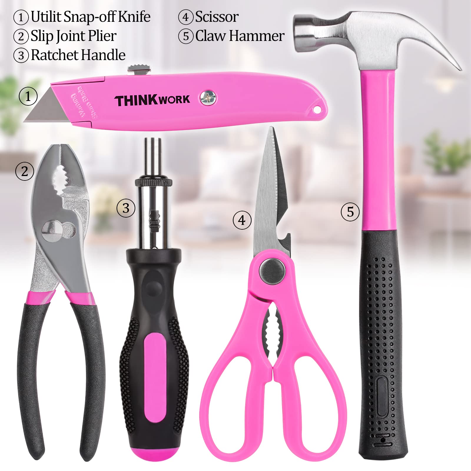 THINKWORK 41 Piece Pink Tool Set - Lady's Hand Tool Set with 3.6V Rotatable Electric Screwdriver, Home Repairing Tool Kit for Women with Large Mouth Open Tool Bag, Perfect for Home DIY, Daily Use